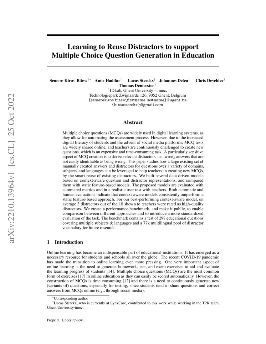Learning To Reuse Distractors To Support Multiple Choice Question Generation In Education Deepai 