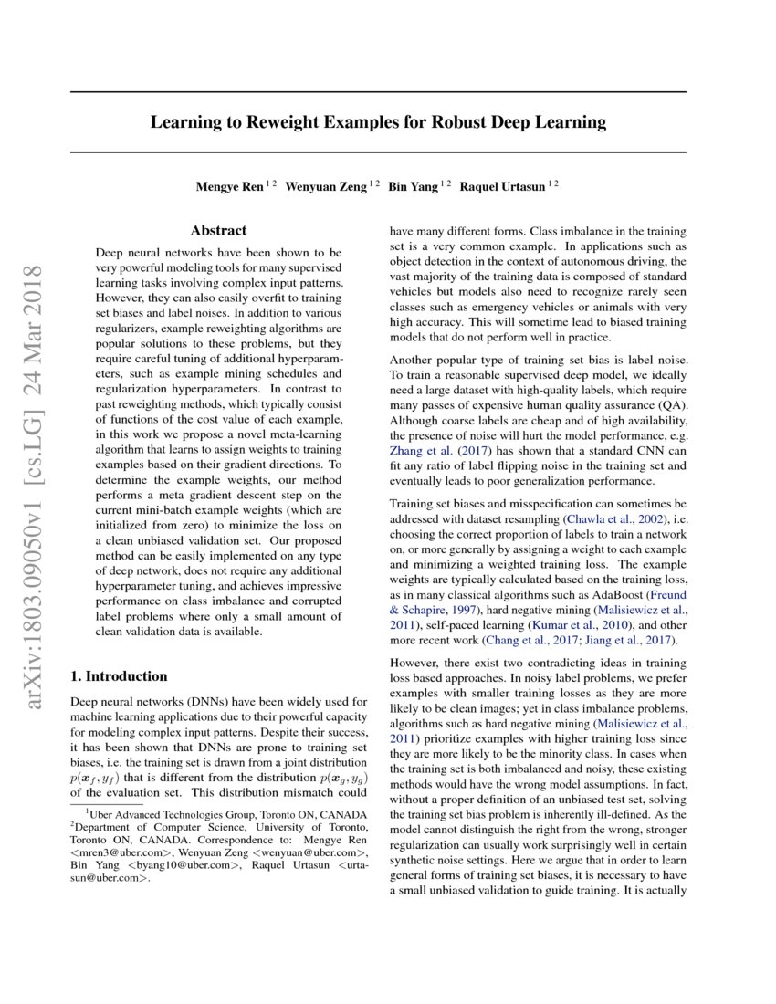 Learning to Reweight Examples for Robust Deep Learning | DeepAI