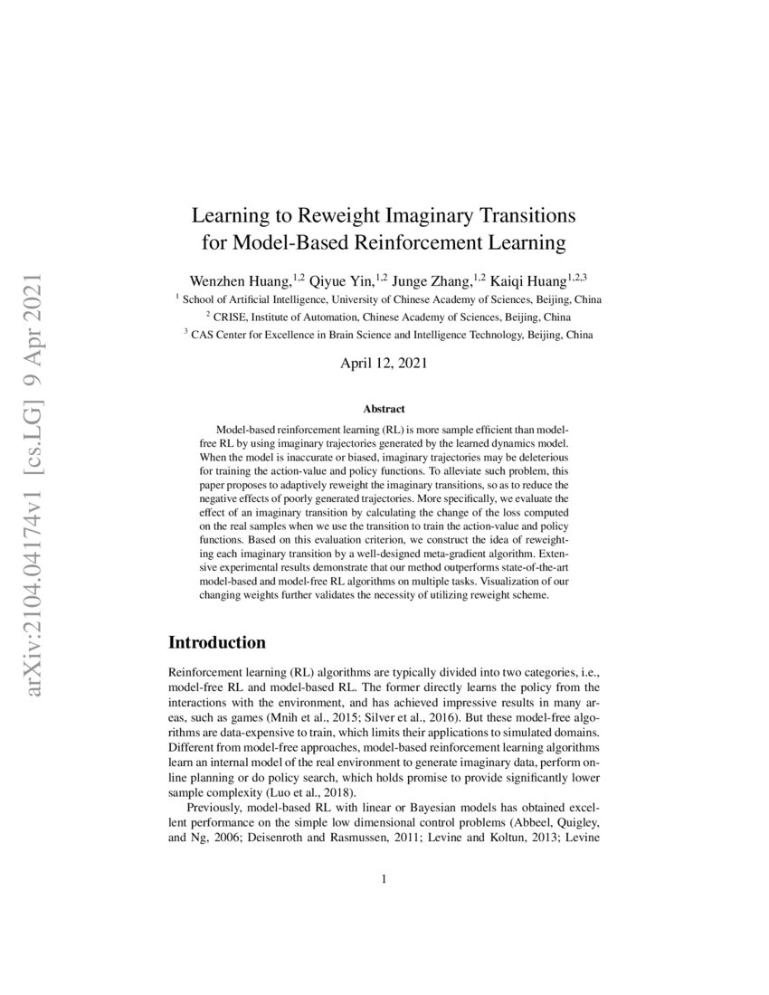 Learning to Reweight Imaginary Transitions for Model-Based Reinforcement Learning | DeepAI