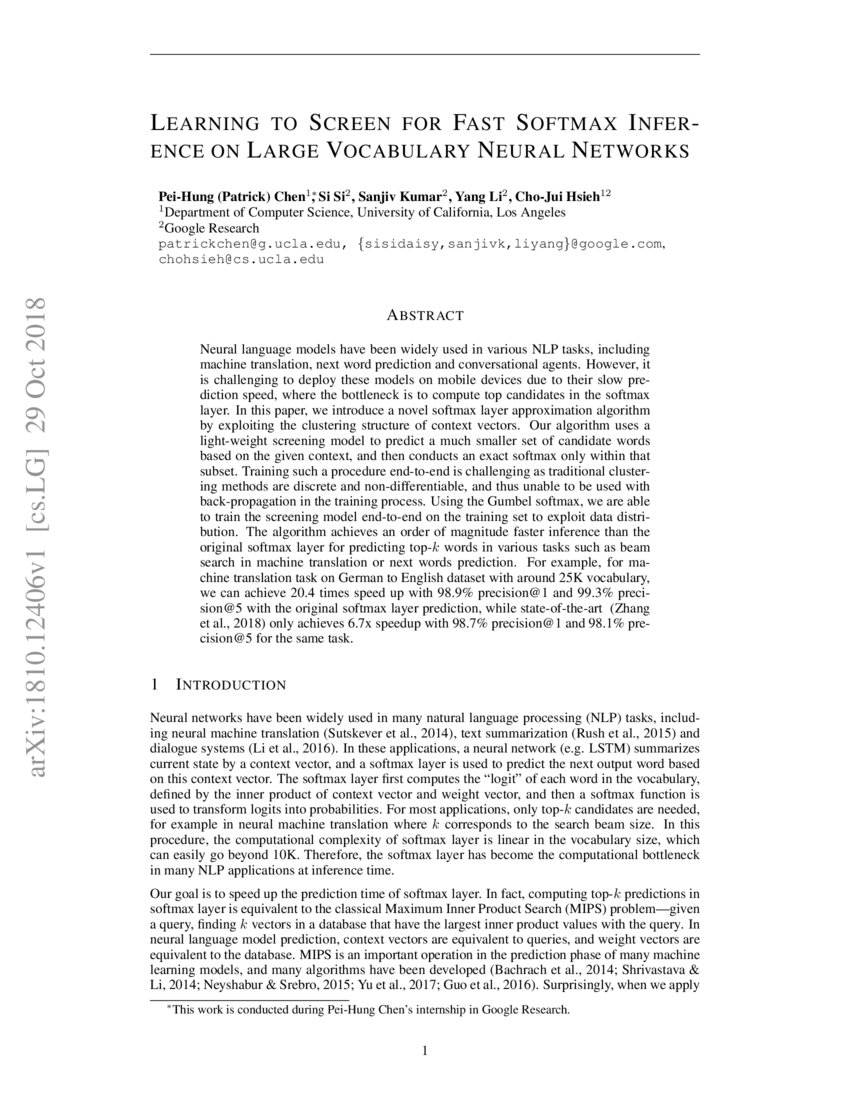 Learning to Screen for Fast Softmax Inference on Large Vocabulary ... Learning to Screen for Fast Softmax Inference on Large Vocabulary ...