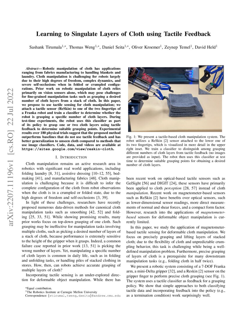Learning to Singulate Layers of Cloth using Tactile Feedback | DeepAI