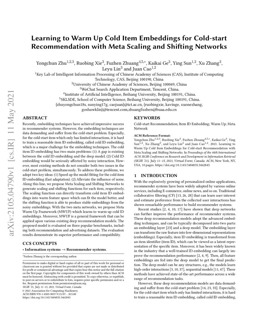 Learning to Warm Up Cold Item Embeddings for Cold-start Recommendation ...