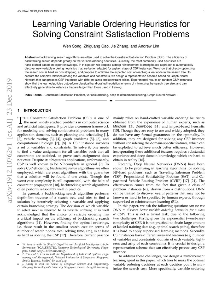 Learning Variable Ordering Heuristics for Solving Constraint Satisfaction Problems | DeepAI