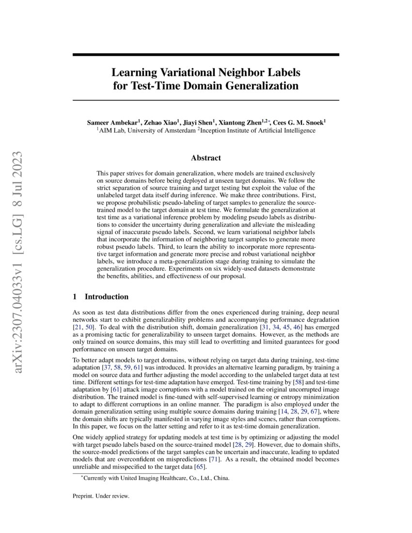 Learning Variational Neighbor Labels For Test Time Domain Generalization Deepai