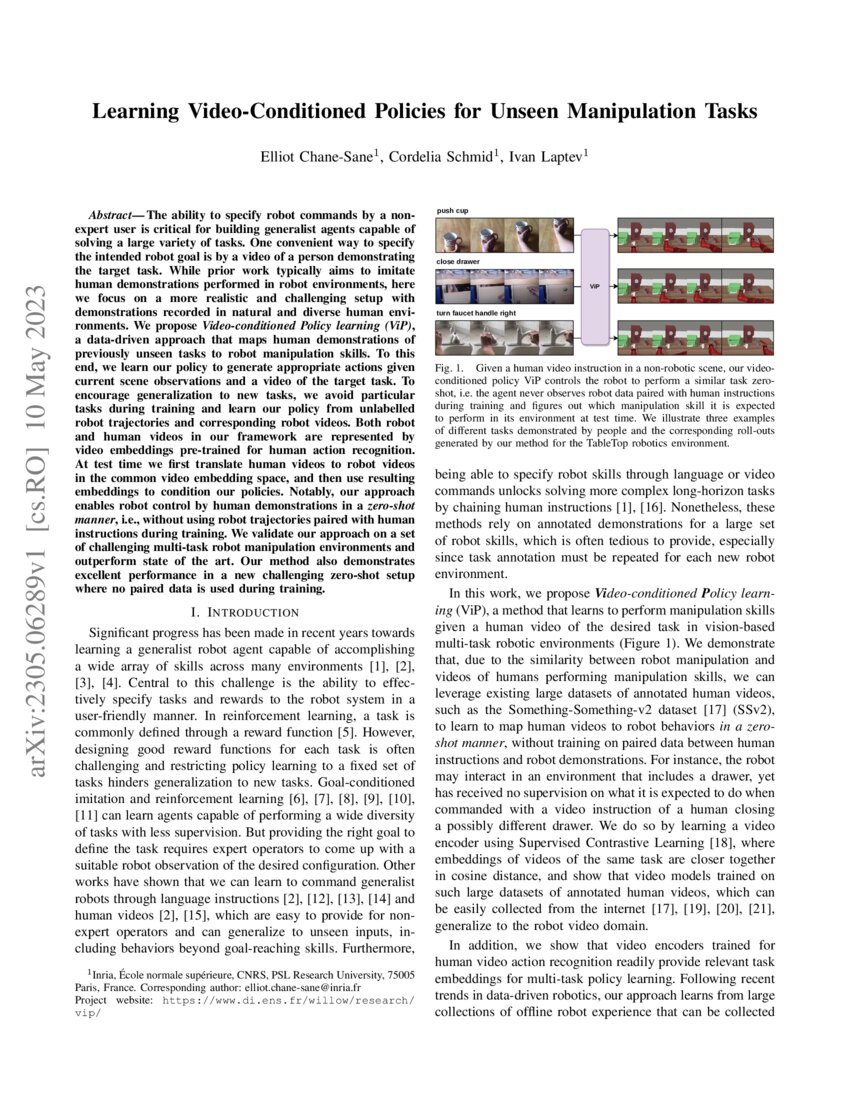 Learning Video-Conditioned Policies for Unseen Manipulation Tasks | DeepAI