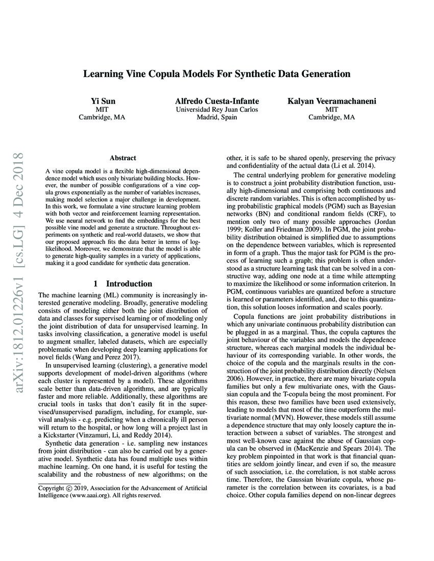 Learning Vine Copula Models For Synthetic Data Generation | DeepAI