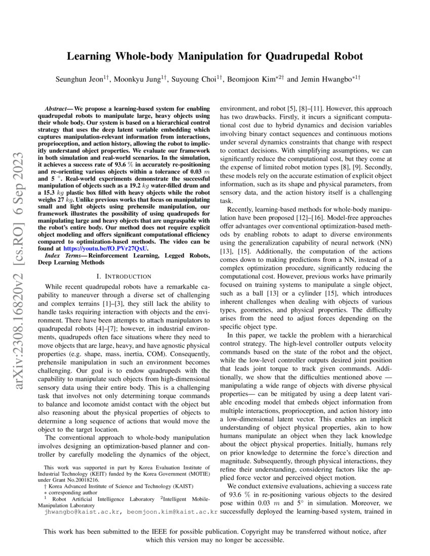 Learning Whole-body Manipulation for Quadrupedal Robot | DeepAI