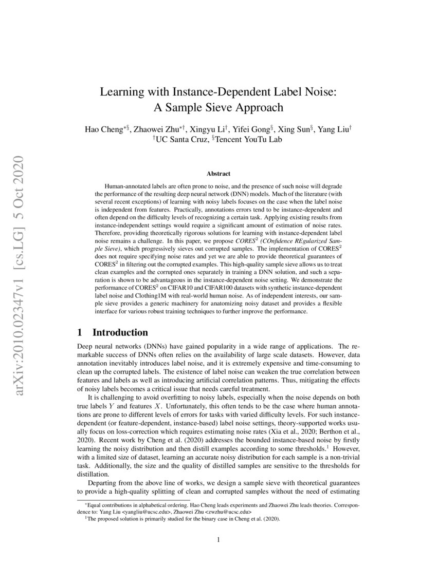 Learning with Instance-Dependent Label Noise: A Sample Sieve Approach | DeepAI