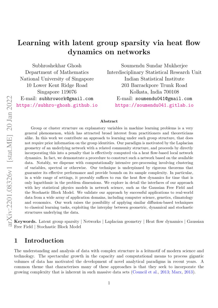 Learning with latent group sparsity via heat flow dynamics on networks | DeepAI