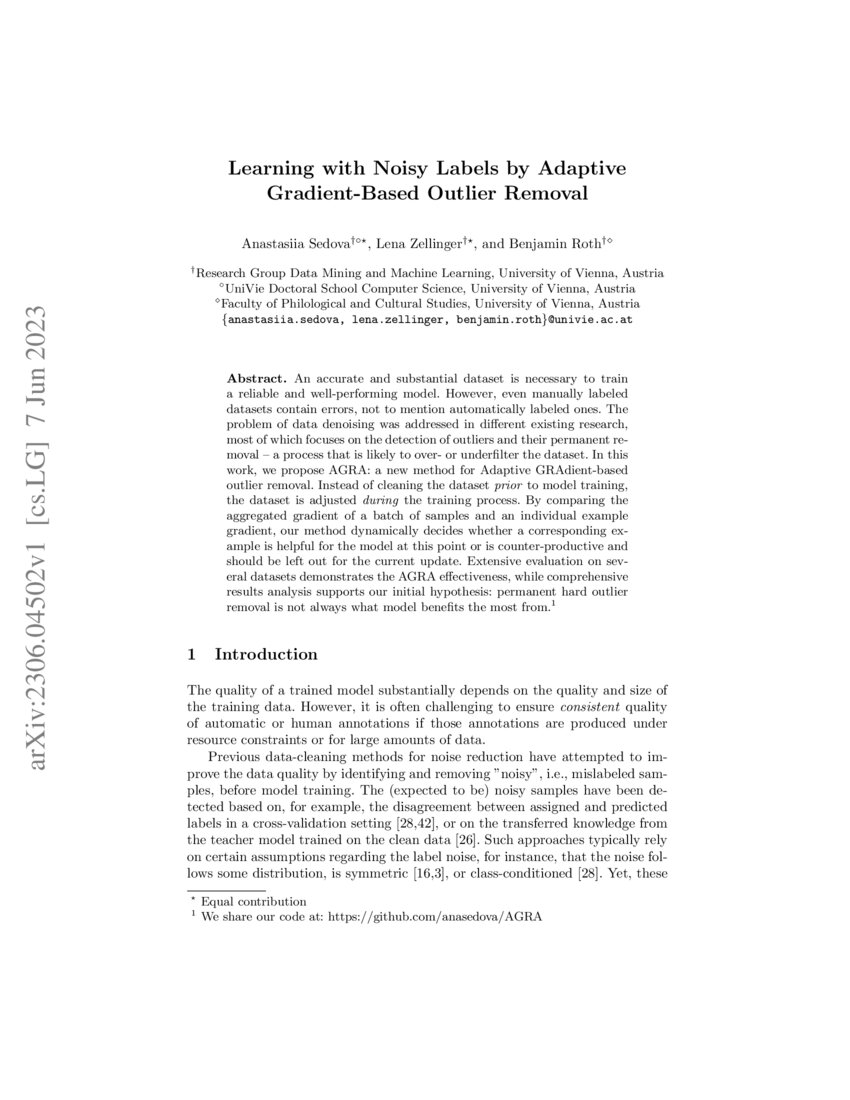 Learning With Noisy Labels By Adaptive Gradient Based Outlier Removal