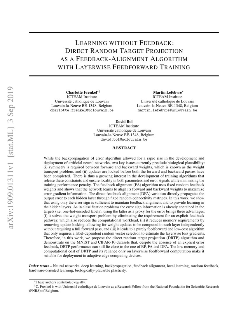 Learning without feedback: Direct random target projection as a feedback-alignment algorithm ...