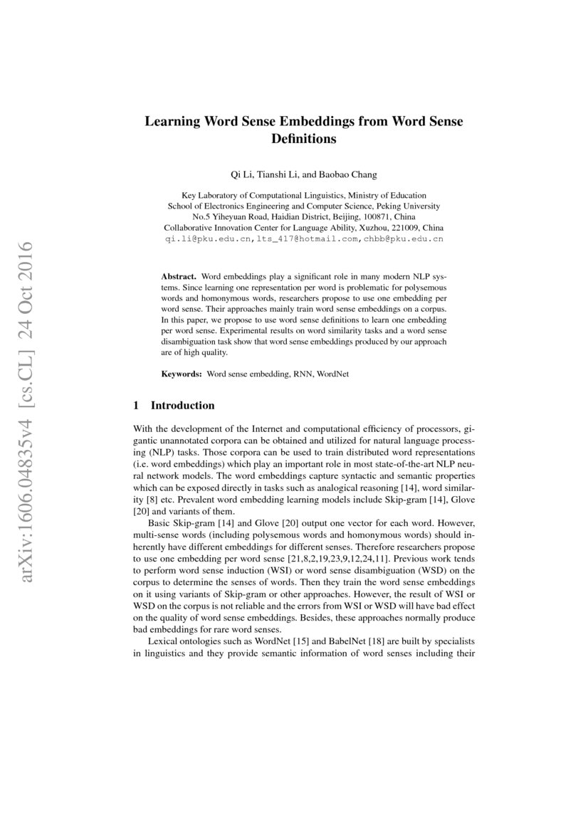 Learning Word Sense Embeddings from Word Sense Definitions | DeepAI