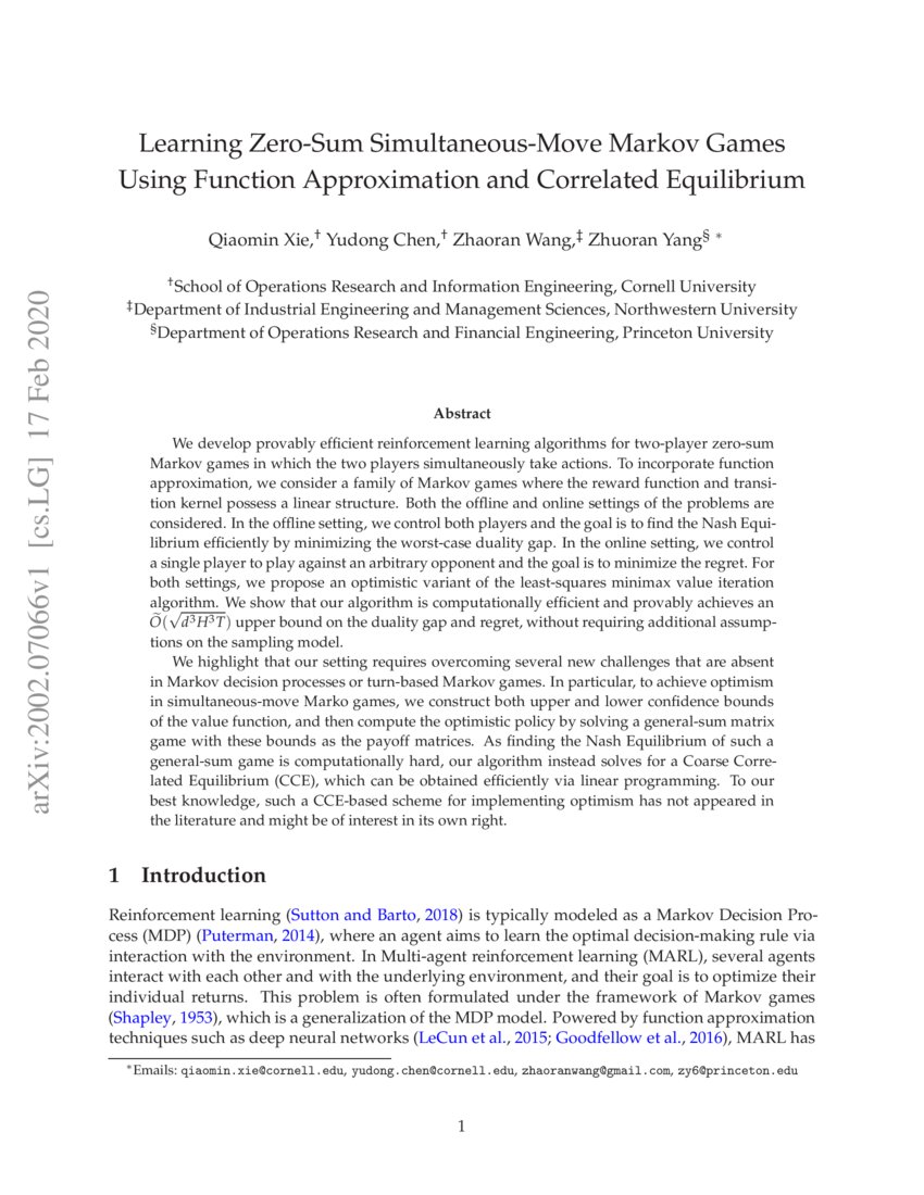 Learning Zero Sum Simultaneous Move Markov Games Using Function Approximation And Correlated 