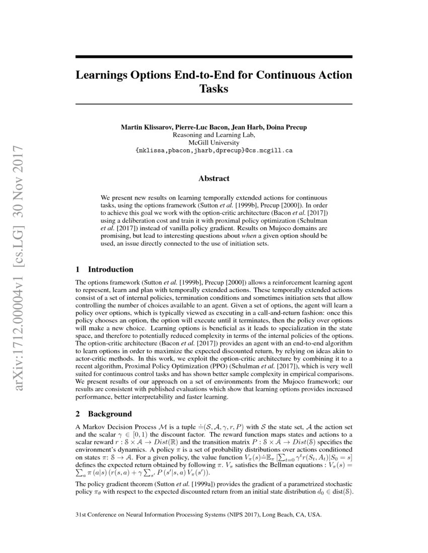 Learnings Options End-to-End for Continuous Action Tasks | DeepAI