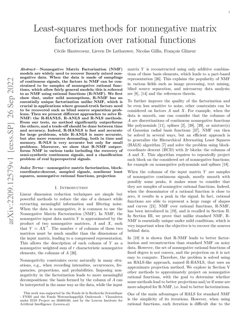 Least Squares Methods For Nonnegative Matrix Factorization Over Rational Functions Deepai