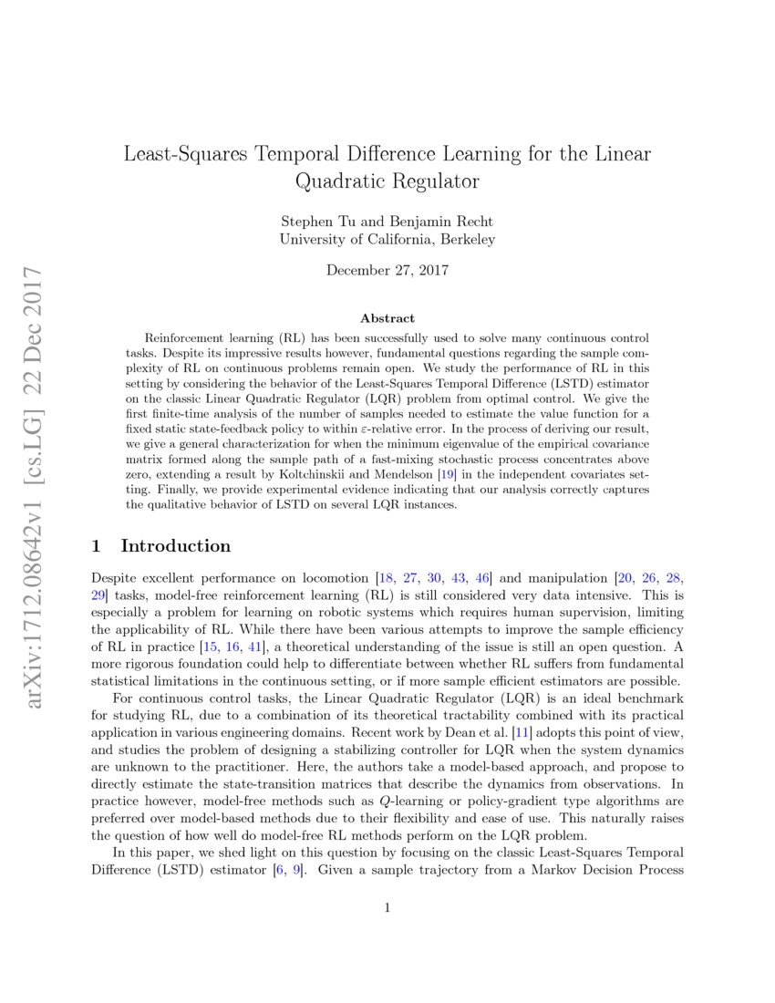 Least Squares Temporal Difference Learning For The Linear Quadratic Regulator Deepai