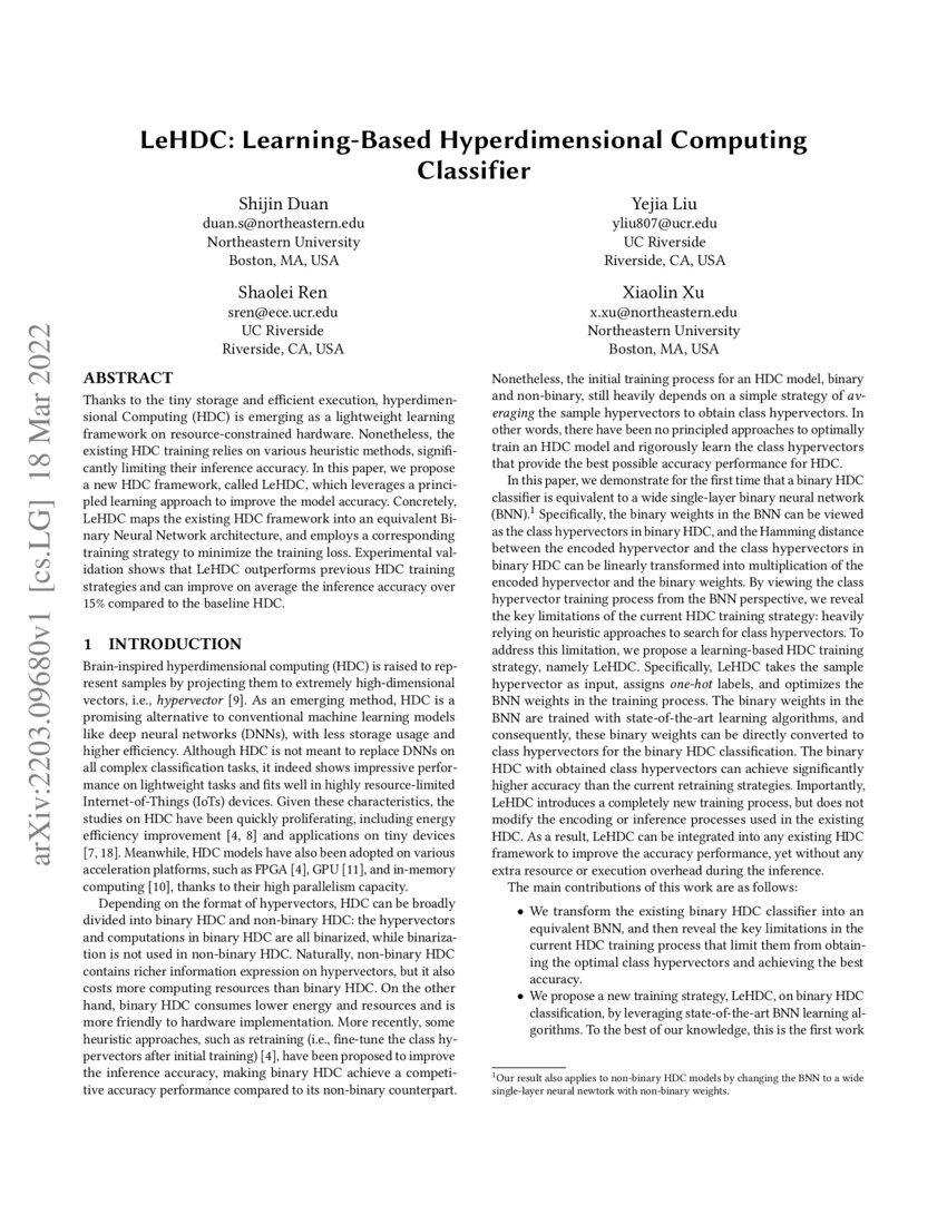 Lehdc Learning Based Hyperdimensional Computing Classifier Deepai