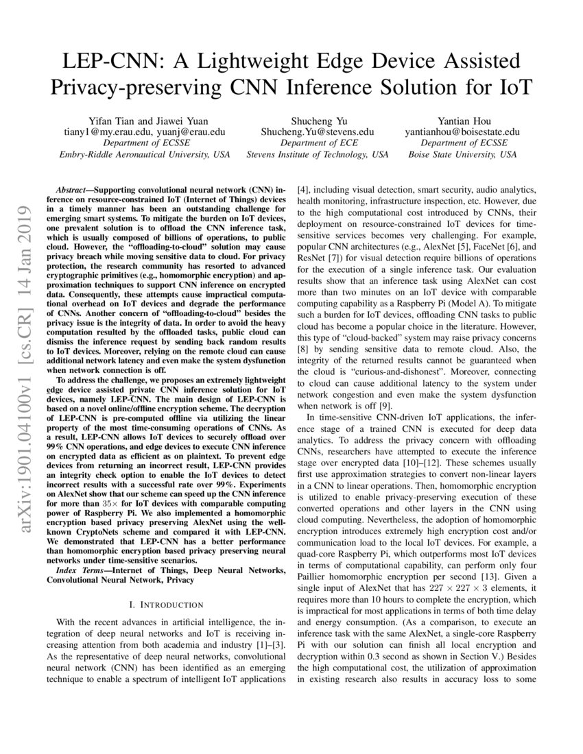 LEP-CNN: A Lightweight Edge Device Assisted Privacy-preserving CNN ...