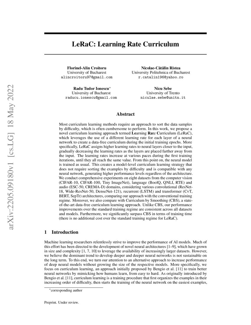 LeRaC Learning Rate Curriculum DeepAI lerac-learning-rate-curriculum-deepai
