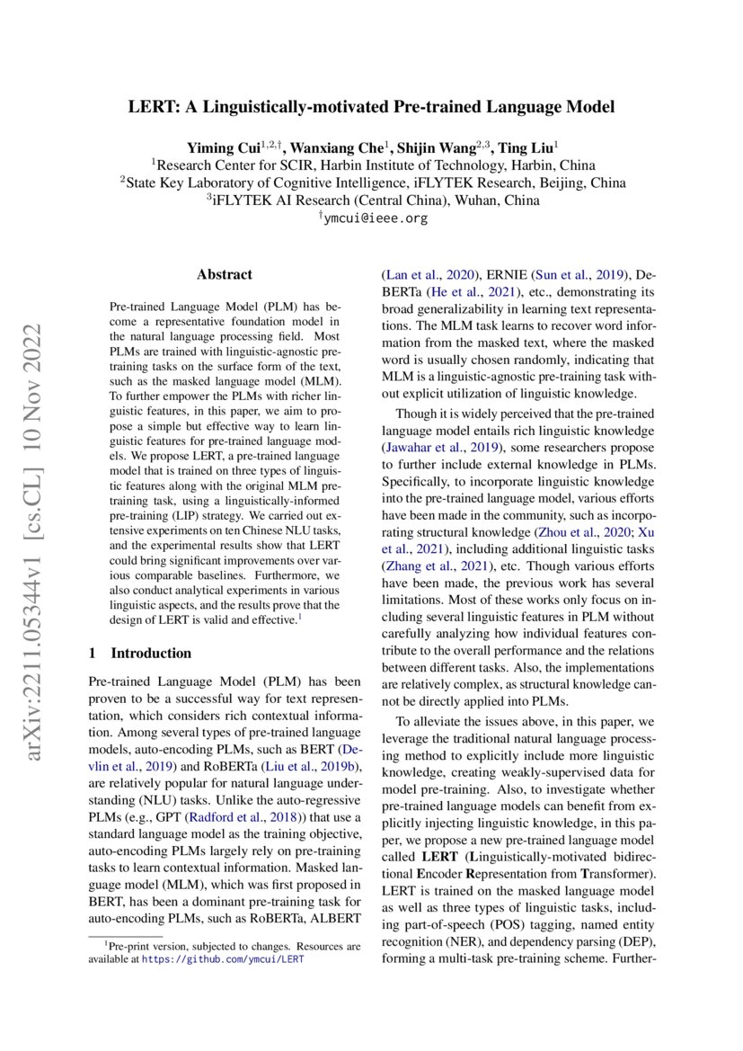 LERT: A Linguistically-motivated Pre-trained Language Model | DeepAI LERT: A Linguistically-motivated Pre-trained Language Model | DeepAI