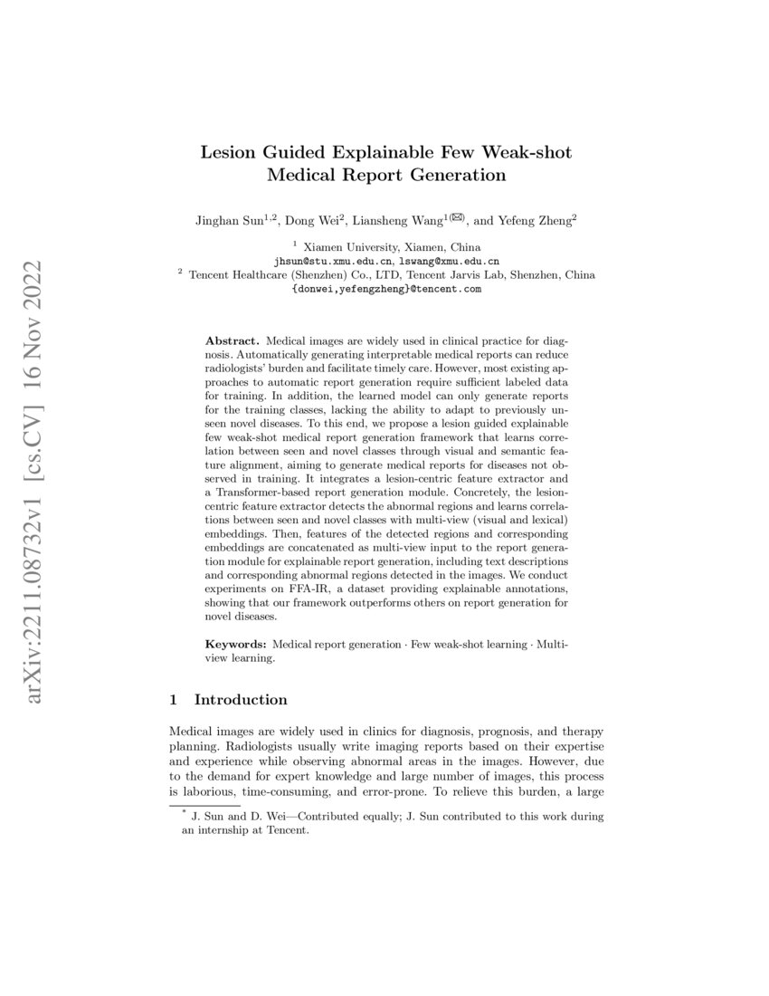Lesion Guided Explainable Few Weak-shot Medical Report Generation | DeepAI Lesion Guided Explainable Few Weak-shot Medical Report Generation | DeepAI