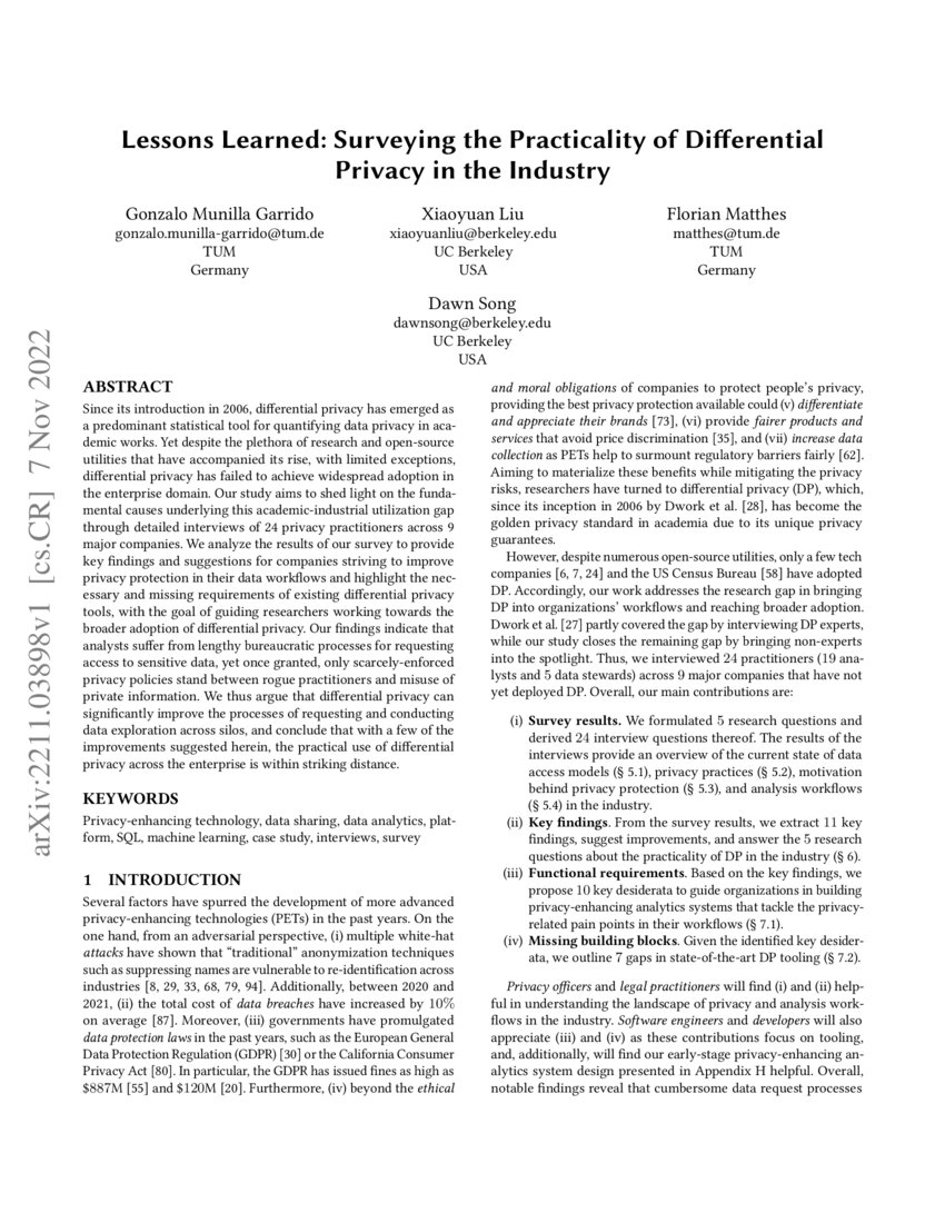 Lessons Learned: Surveying the Practicality of Differential Privacy in the Industry | DeepAI
