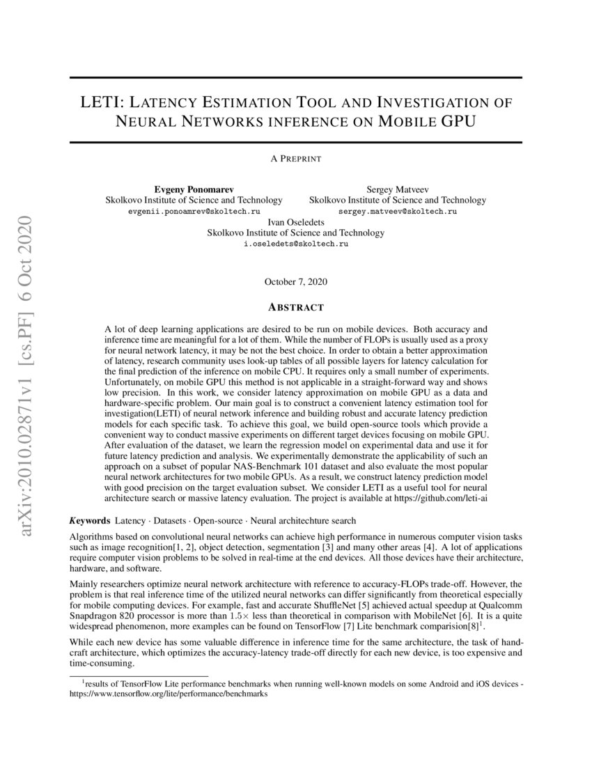 Leti Latency Estimation Tool And Investigation Of Neural Networks Inference On Mobile Gpu Deepai