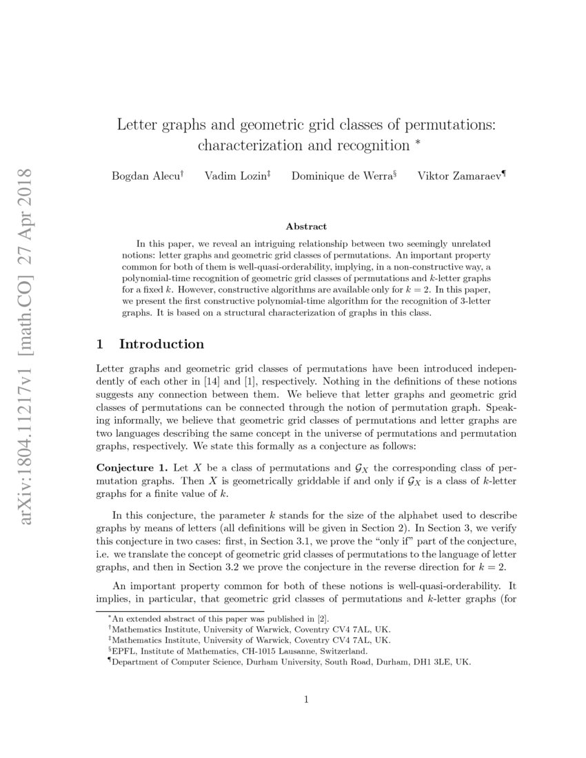 Letter graphs and geometric grid classes of permutations: characterization and recognition | DeepAI