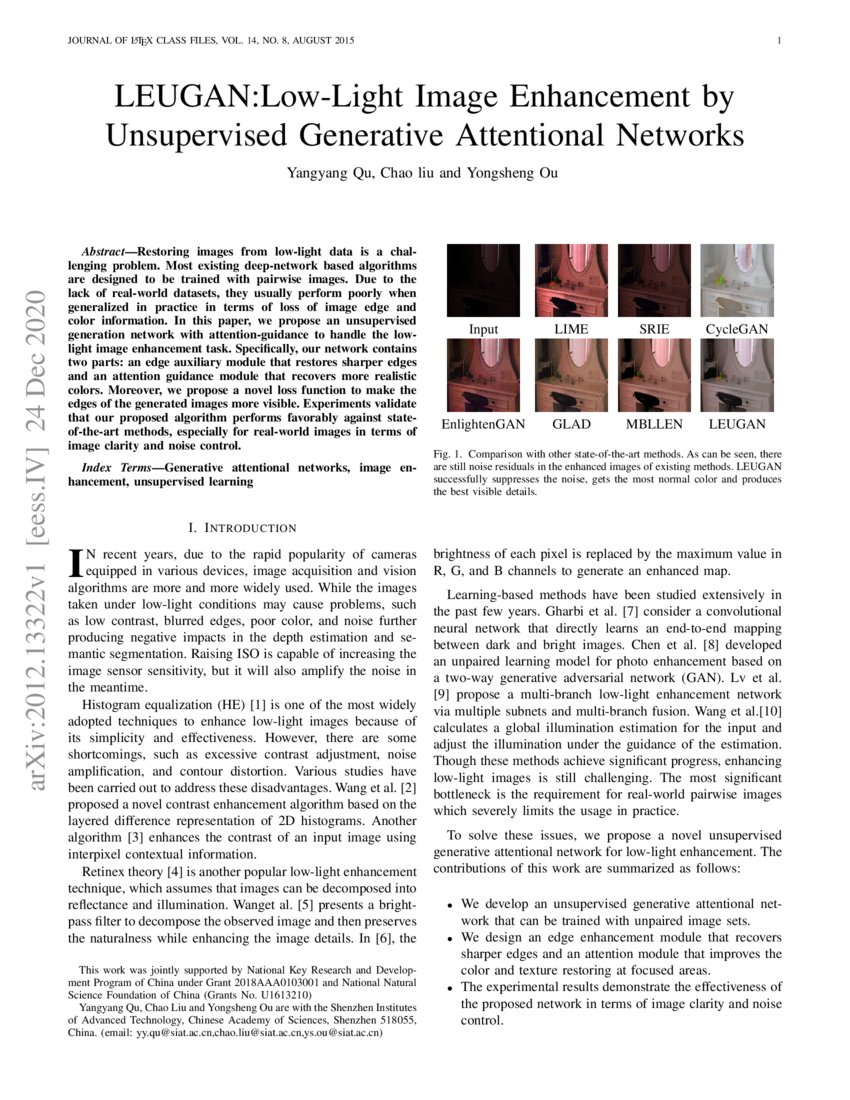 LEUGAN:Low-Light Image Enhancement by Unsupervised Generative Attentional Networks | DeepAI