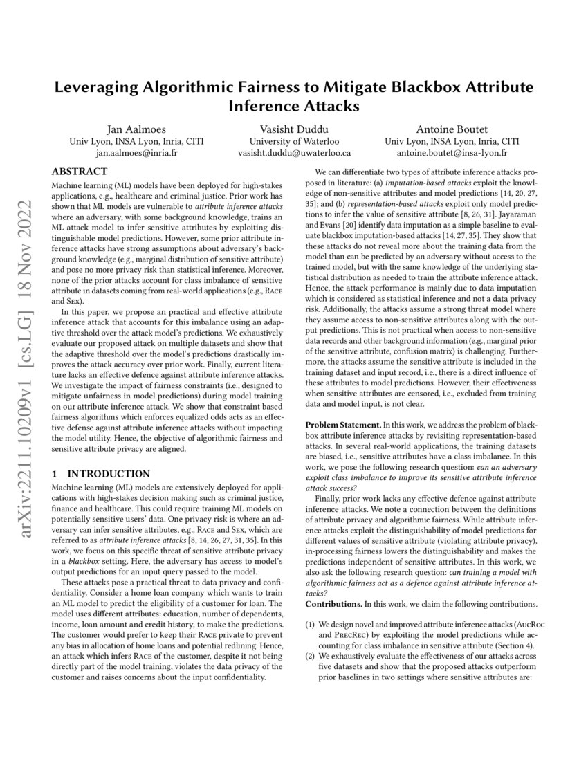 Leveraging Algorithmic Fairness to Mitigate Blackbox Attribute Inference Attacks | DeepAI