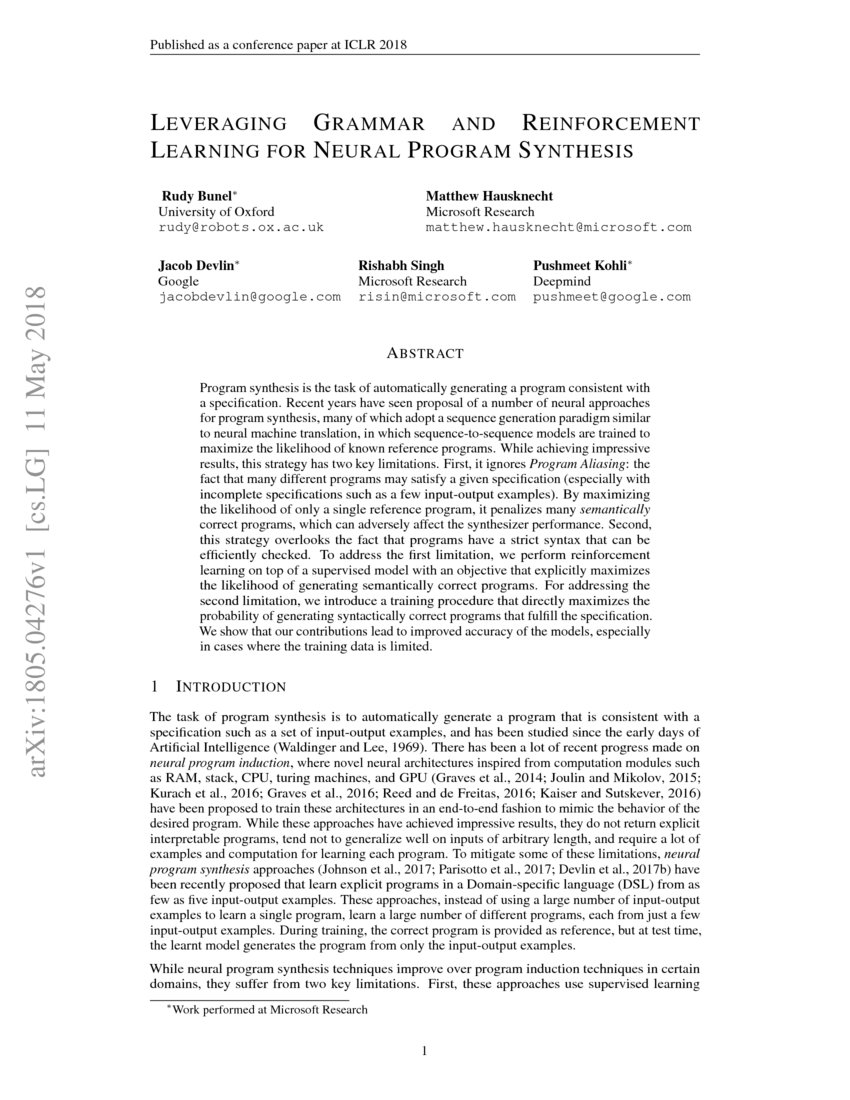 Leveraging Grammar and Reinforcement Learning for Neural Program ... Leveraging Grammar and Reinforcement Learning for Neural Program ...