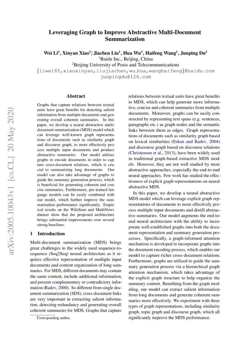 Leveraging Graph To Improve Abstractive Multi Document Summarization