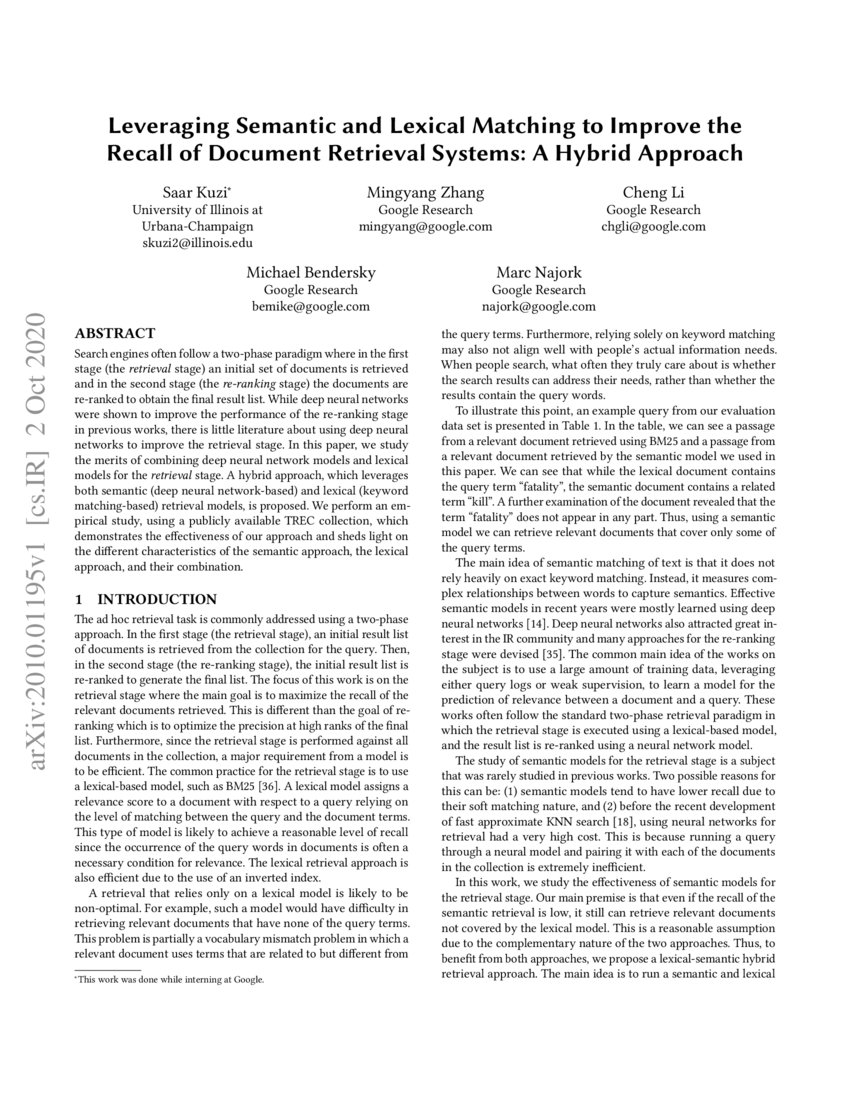 Leveraging Semantic and Lexical Matching to Improve the Recall of Document Retrieval Systems: A ...