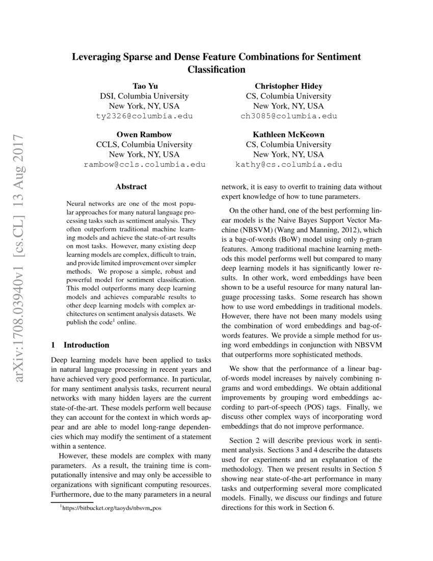Leveraging Sparse and Dense Feature Combinations for Sentiment Classification | DeepAI