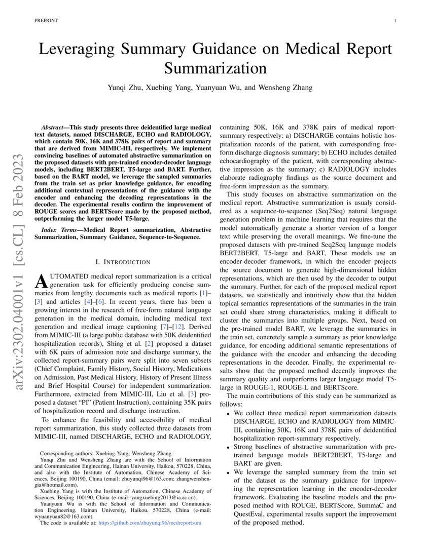 Leveraging Summary Guidance on Medical Report Summarization | DeepAI