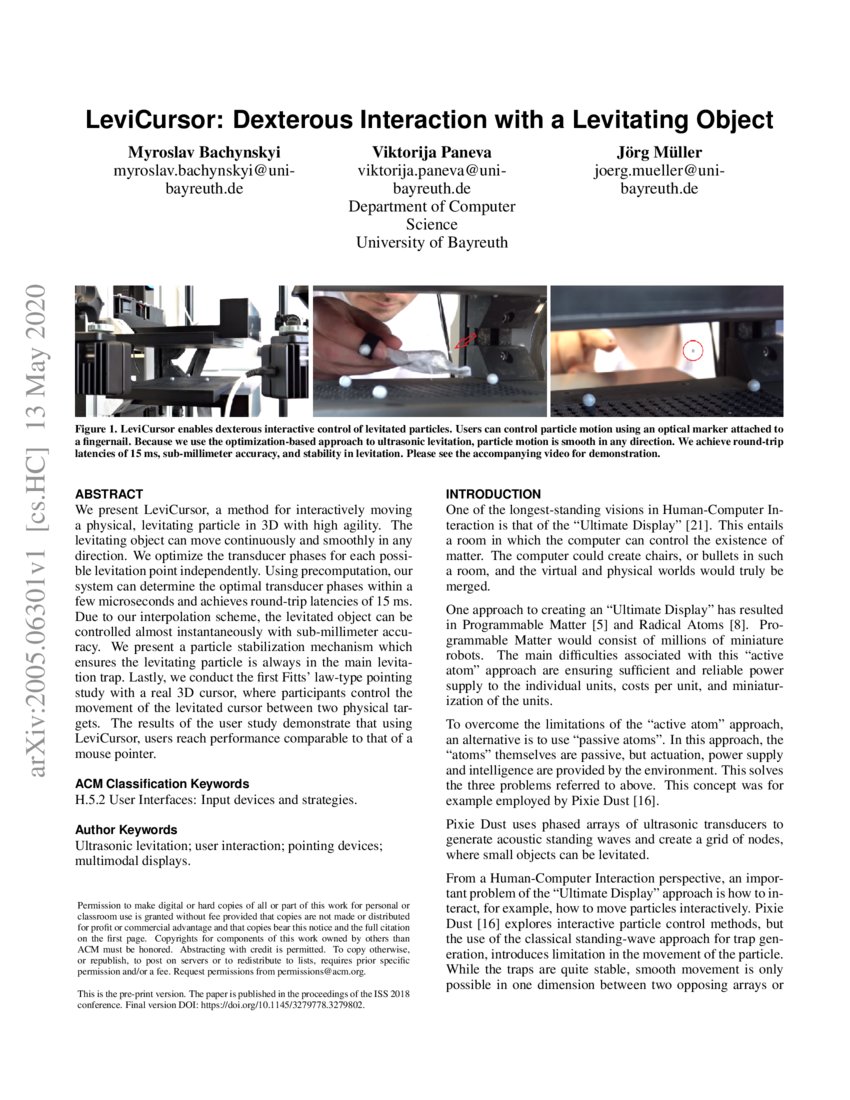LeviCursor: Dexterous Interaction with a Levitating Object | DeepAI