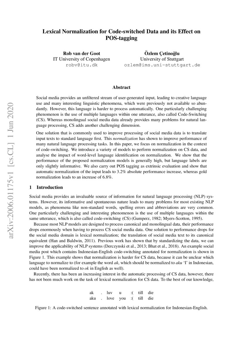 Lexical Normalization for Code-switched Data and its Effect on POS ...