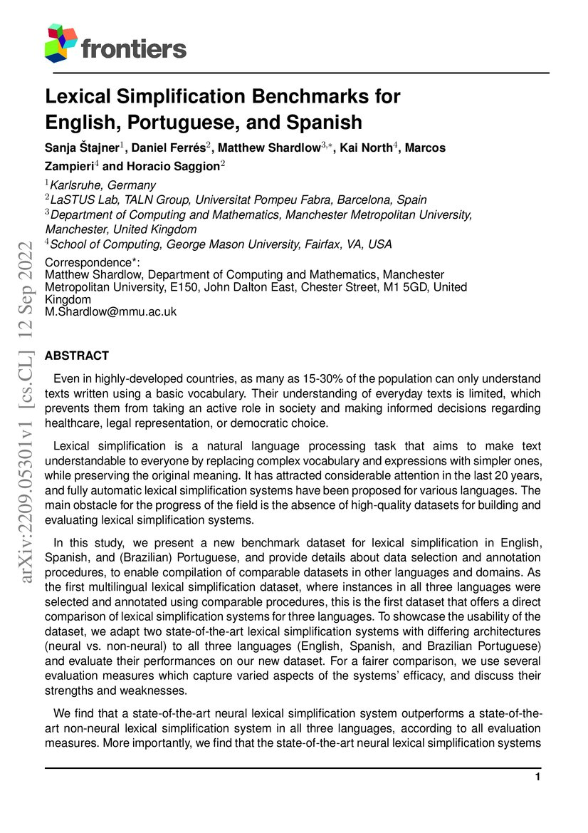 Lexical Simplification Benchmarks For English Portuguese And Spanish Deepai