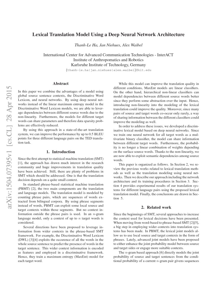 Lexical Translation Model Using A Deep Neural Network Architecture Deepai