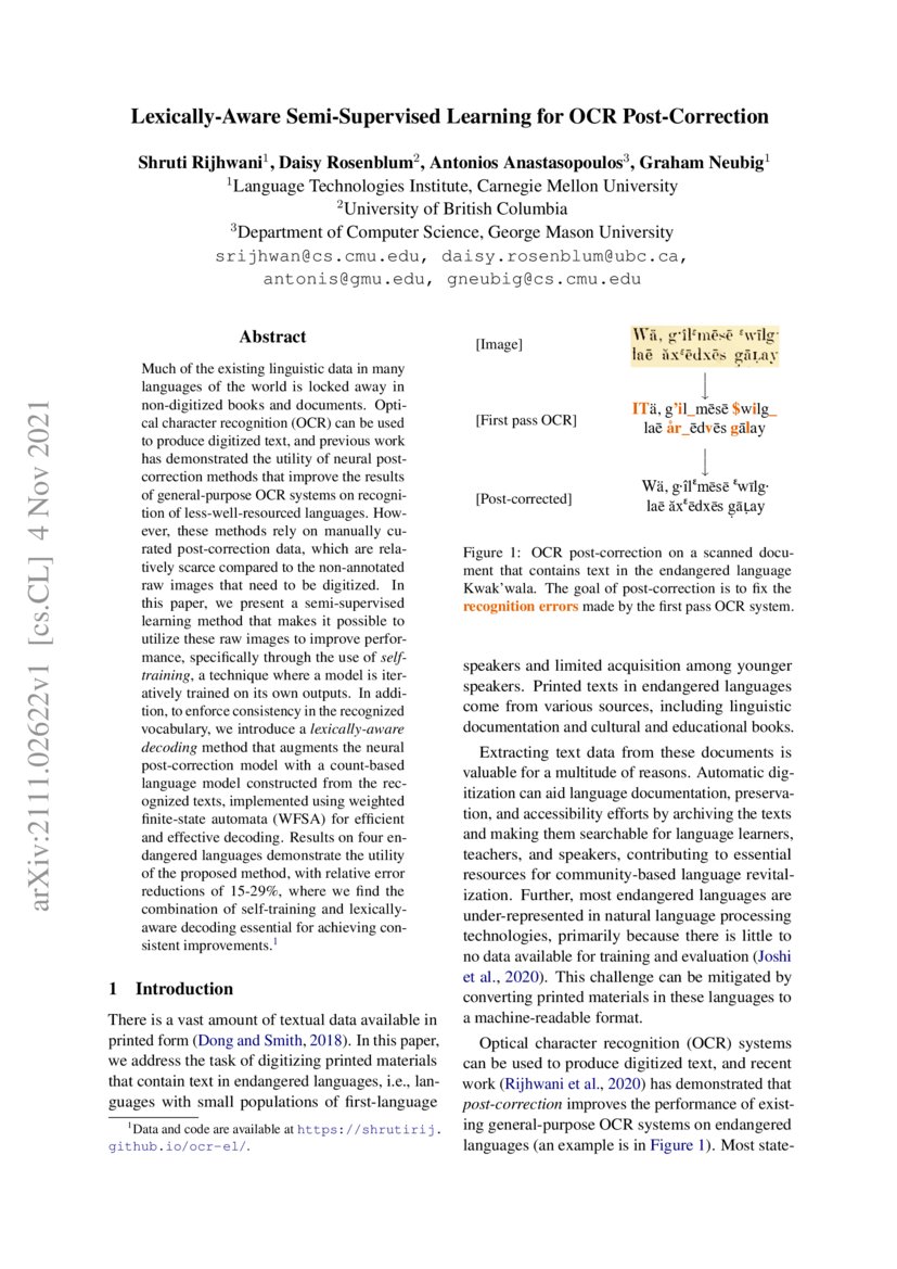 Lexically Aware Semi-Supervised Learning for OCR Post-Correction | DeepAI