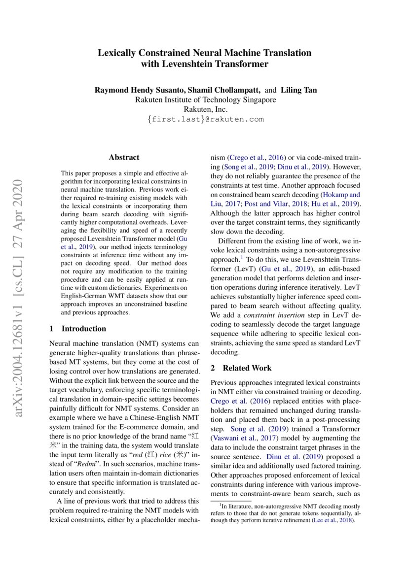 Lexically Constrained Neural Machine Translation With Levenshtein Transformer Deepai