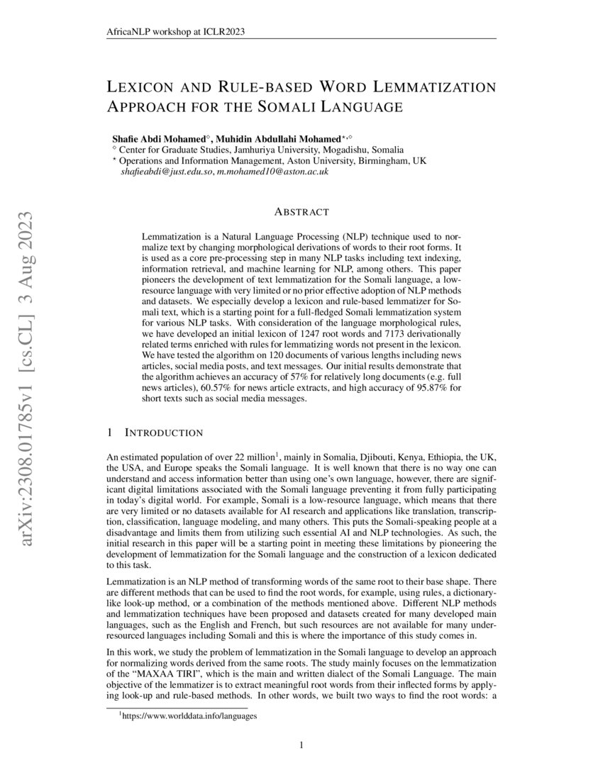 Lexicon and Rule-based Word Lemmatization Approach for the Somali Language | DeepAI