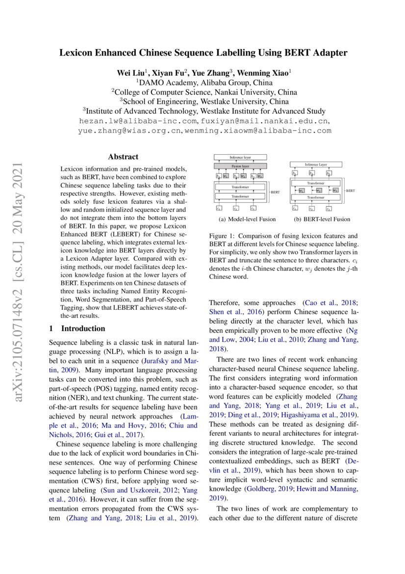 Lexicon Enhanced Chinese Sequence Labeling Using BERT Adapter | DeepAI