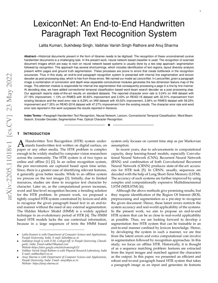 Lexiconnet An End To End Handwritten Paragraph Text Recognition System Deepai
