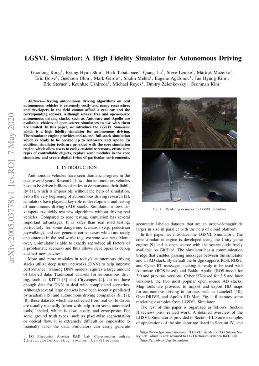 LGSVL Simulator: A High Fidelity Simulator for Autonomous Driving | DeepAI