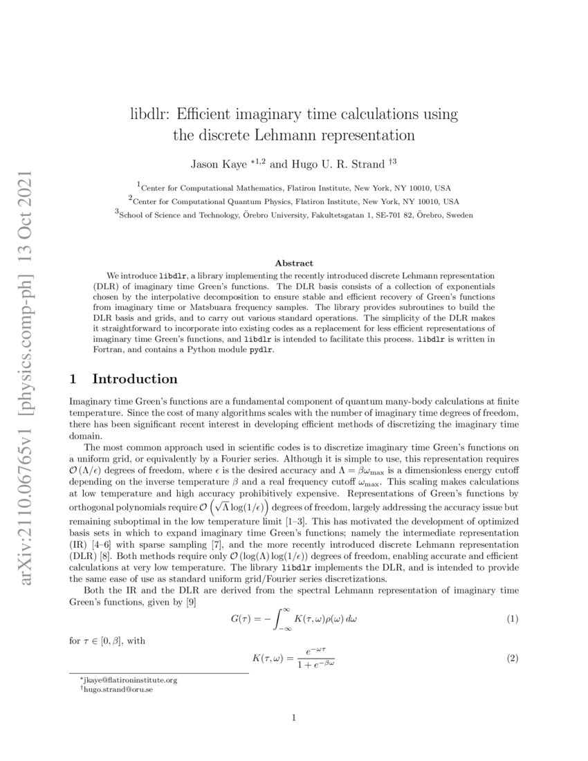 Libdlr Efficient Imaginary Time Calculations Using The Discrete Lehmann Representation Deepai