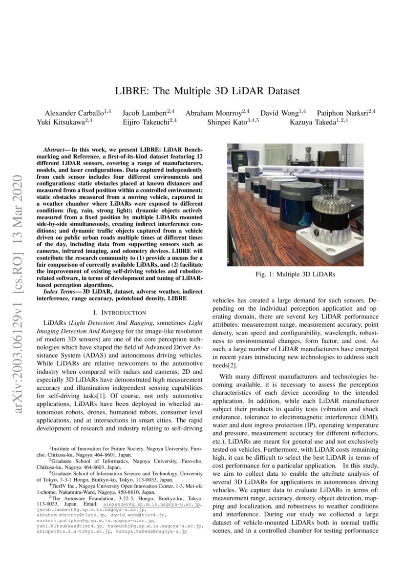 LIBRE: The Multiple 3D LiDAR Dataset | DeepAI