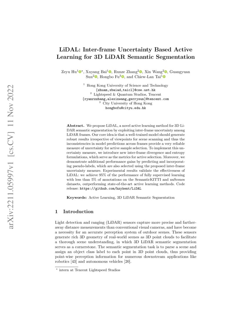 LiDAL: Inter-frame Uncertainty Based Active Learning for 3D LiDAR Semantic Segmentation | DeepAI