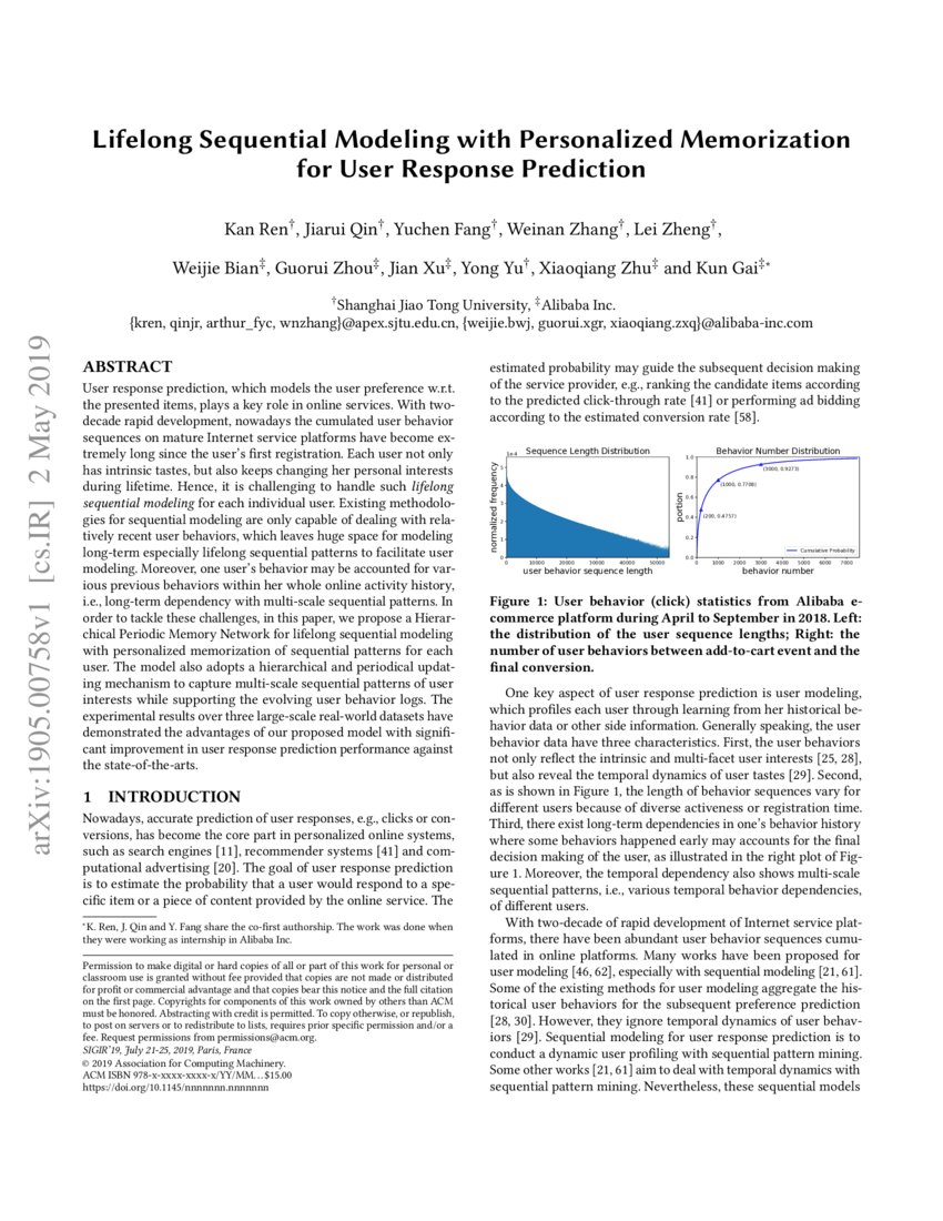 Lifelong Sequential Modeling With Personalized Memorization For User Response Prediction Deepai