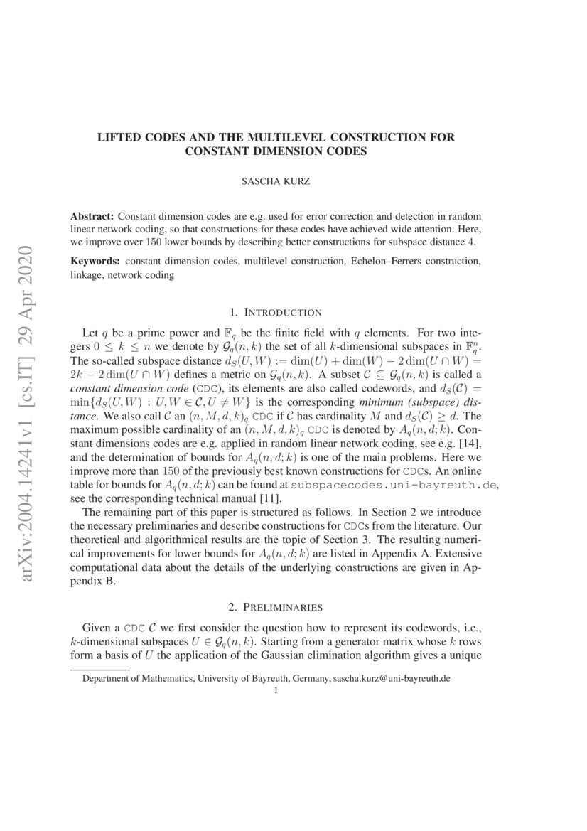 Lifted codes and the multilevel construction for constant dimension codes | DeepAI